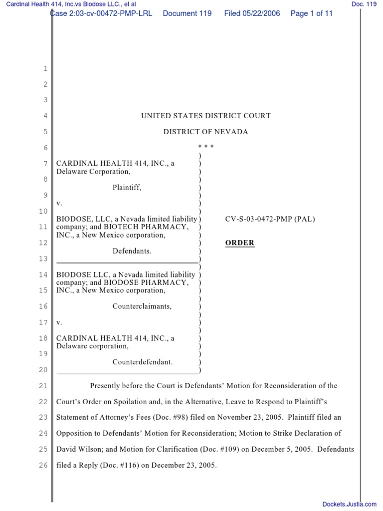 Cardinal Health 414, Inc - Vs Biodose LLC., Et Al - Document No. 119 ...