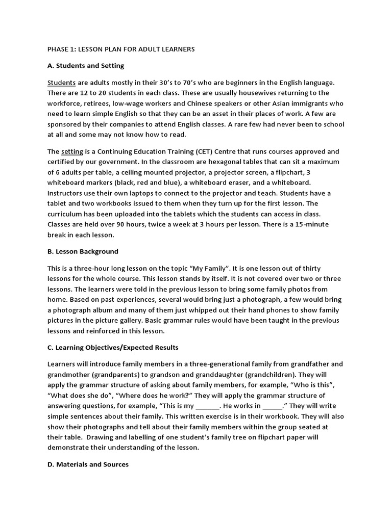 Lesson Plan For Adult Learners | PDF