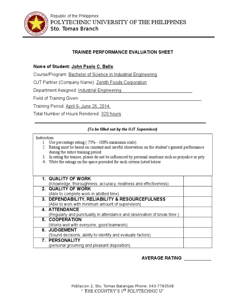 Trainee Performance Evaluation Sheet | PDF