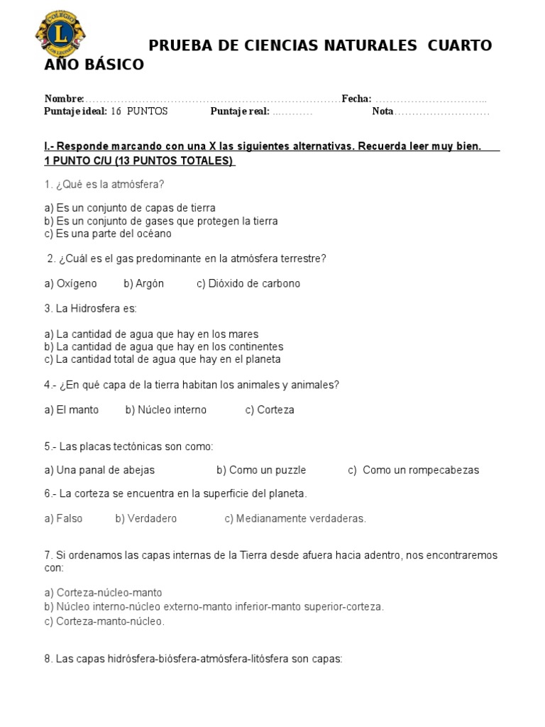 Prueba 4 Año Capas Tierra | PDF