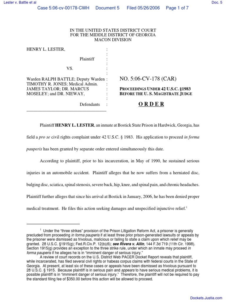 Lester v. Battle Et Al - Document No. 5 | PDF | Discovery (Law) | Pleading
