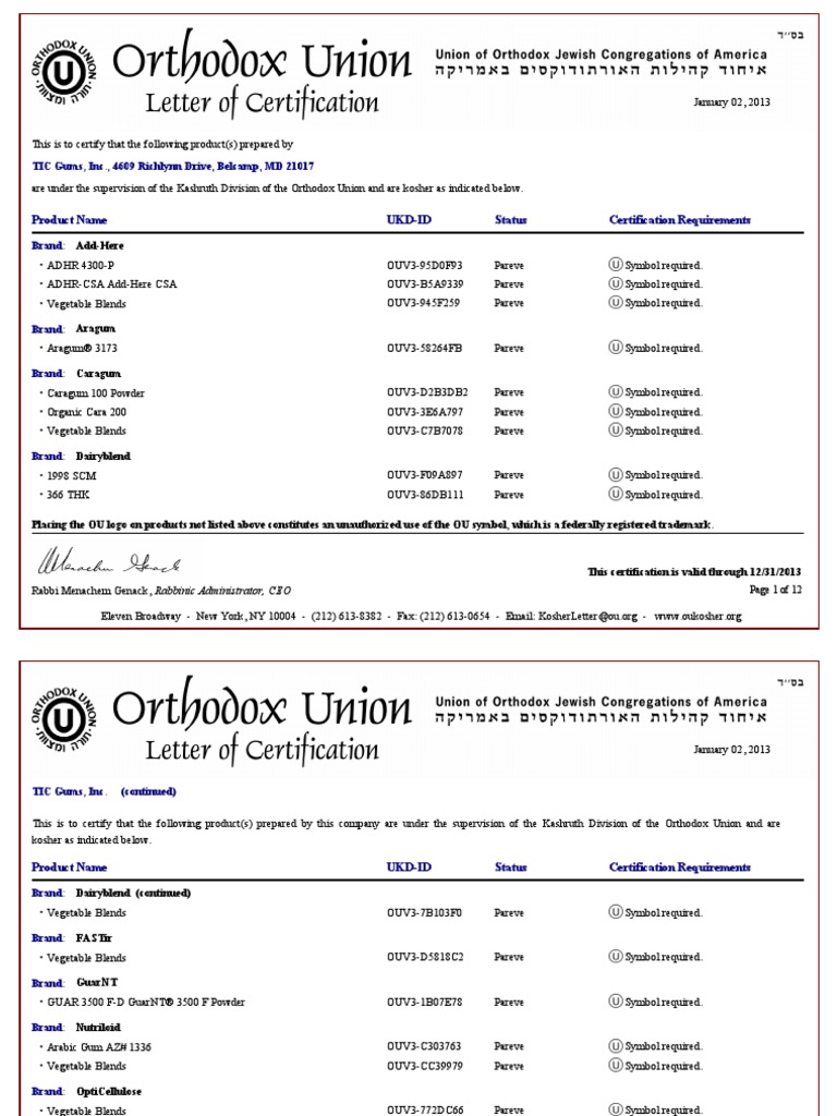Ou Kosher Certification Letter For Tic Gums Inc Products Valid