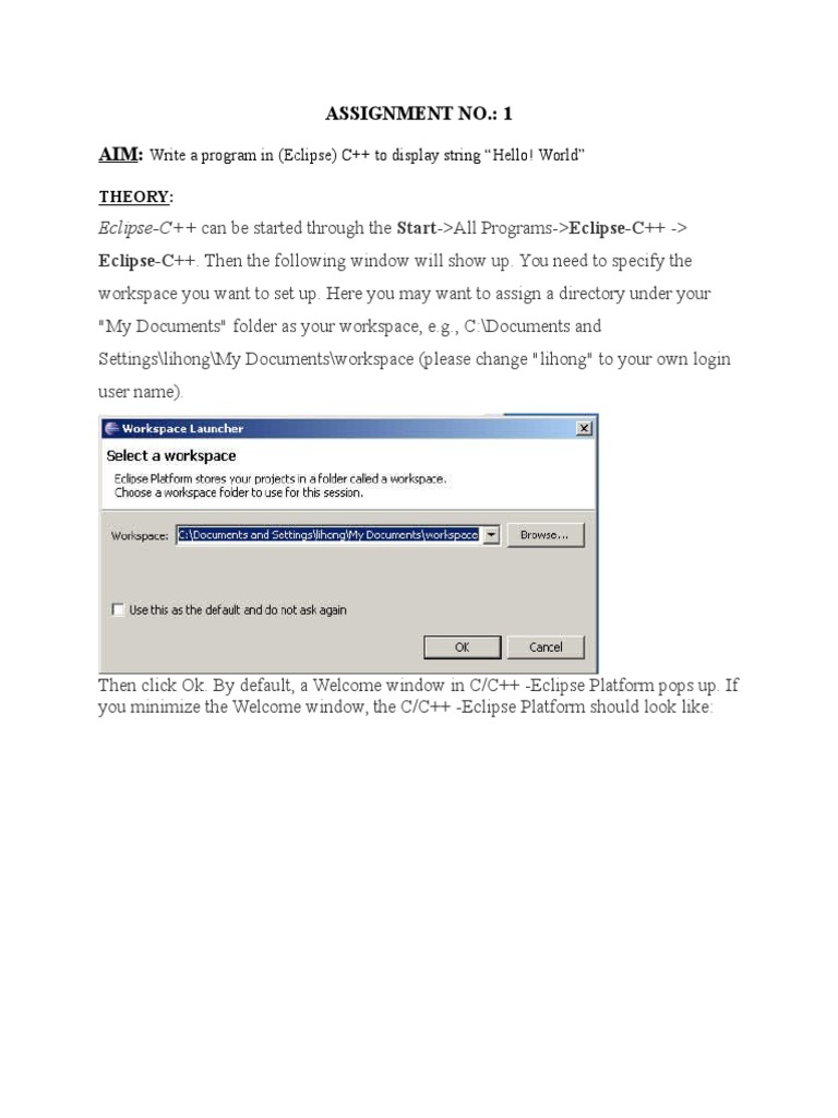 Assignment No.: 1 Aim:: Eclipse-C++ Can Be Started Through The Start - All Programs - Eclipse ...