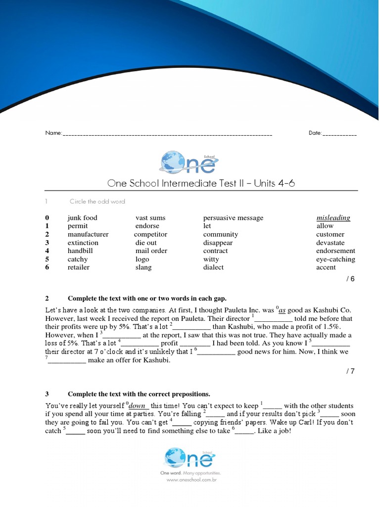 Intermediate English Test: Units 4-6 | PDF | Language Education ...