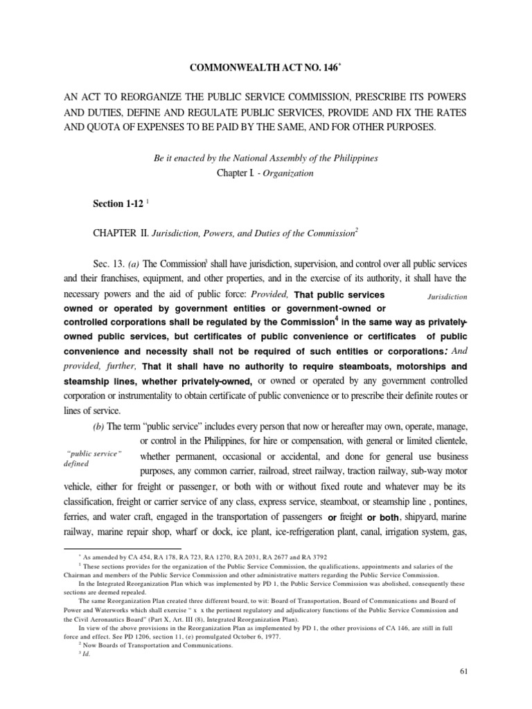 Commonwealth Act 146 | PDF