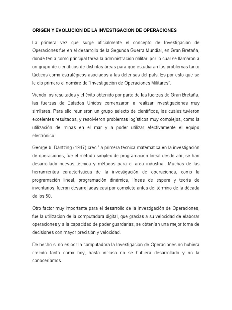 Origen y Evolucion de La Investigacion de Operaciones | PDF | La ...