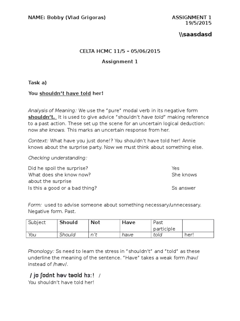 Assignment 1 CELTA | PDF | English Language | Language Mechanics