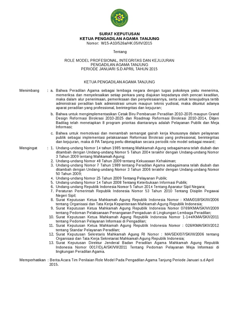 Contoh SK Role Model 2015 | PDF | Bisnis | Hukum