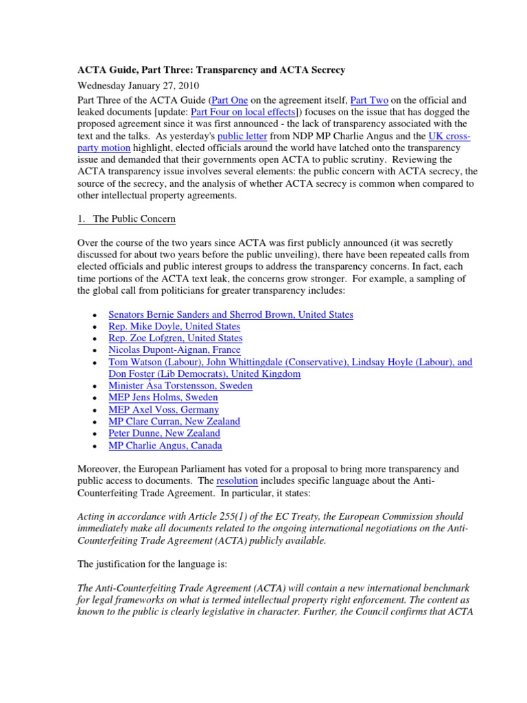 ACTA - Guide Part 3 - Transparency and ACTA Secrecy | PDF | Government ...