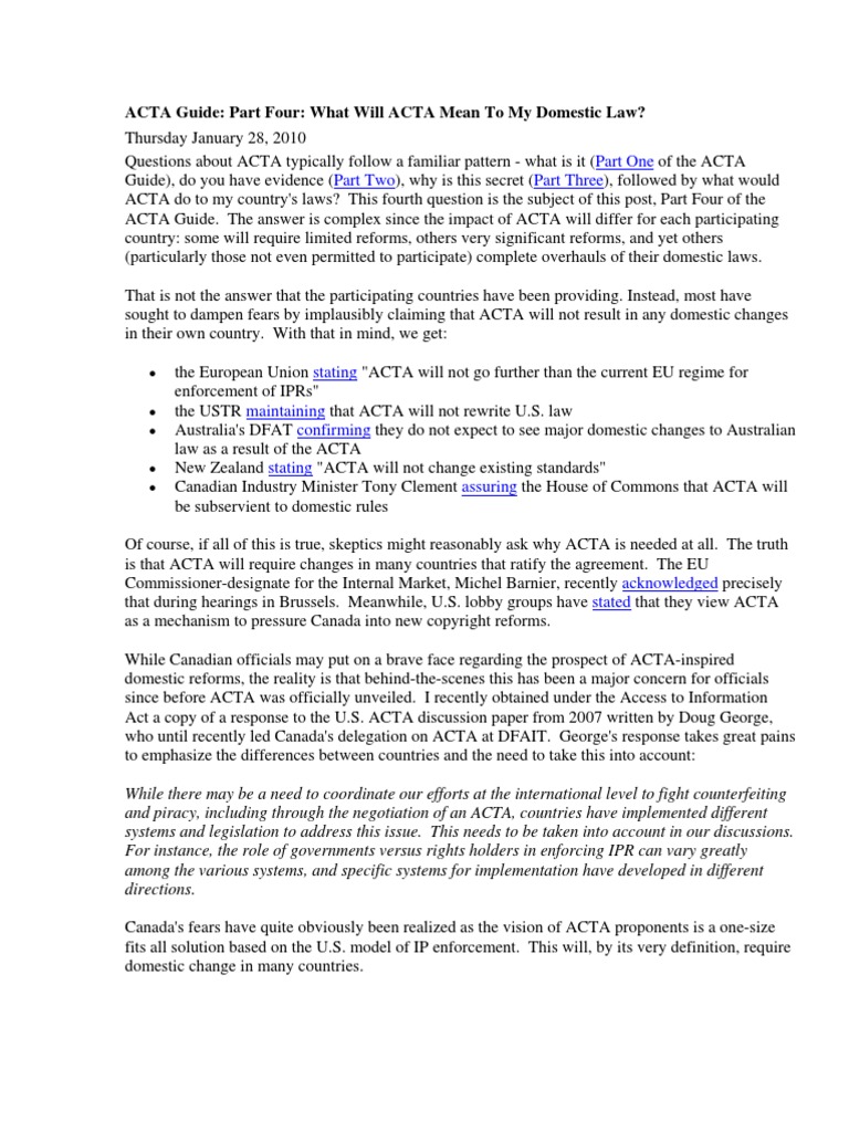 ACTA Guide: Part Four: What Will ACTA Mean To My Domestic Law? | PDF ...