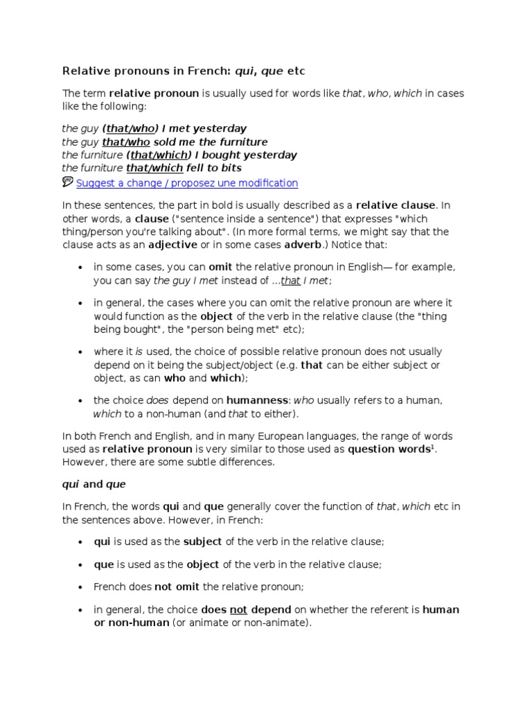 Relative Pronouns in French - Qui, Que... | PDF | Subject (Grammar ...