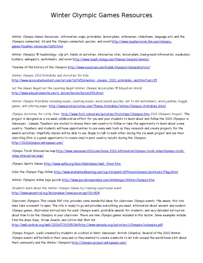 Winter Olympic Games Resources | PDF | Olympic Games | Lesson Plan