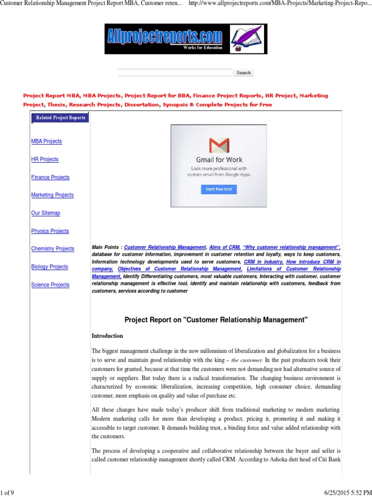 Customer Relationship Management Project Report MBA, Customer Retention ...