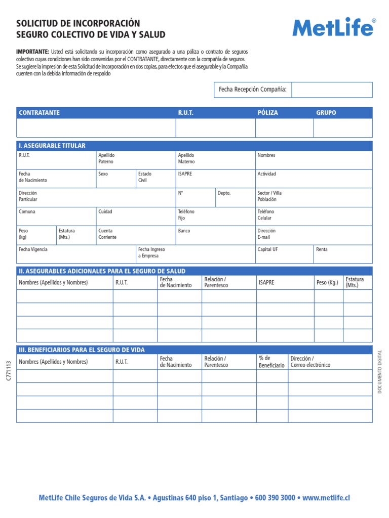 Solicitud de METLIFE | Seguro de vida | Seguro