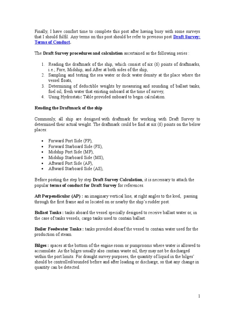 Draft Survey Procedures and Calculations | PDF | Tonnage | Ships