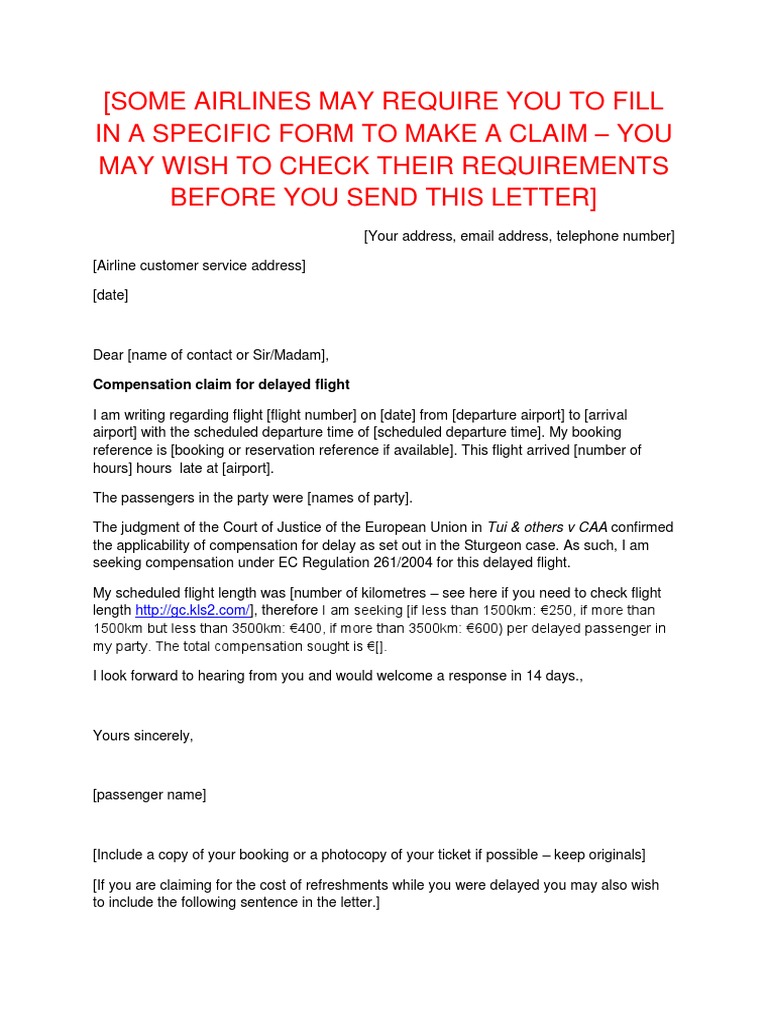 Flight Delay Compensation Claim Template | PDF