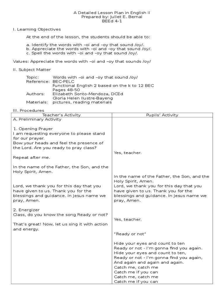 A Detailed Lesson Plan in English II | PDF | Amen | Lesson Plan