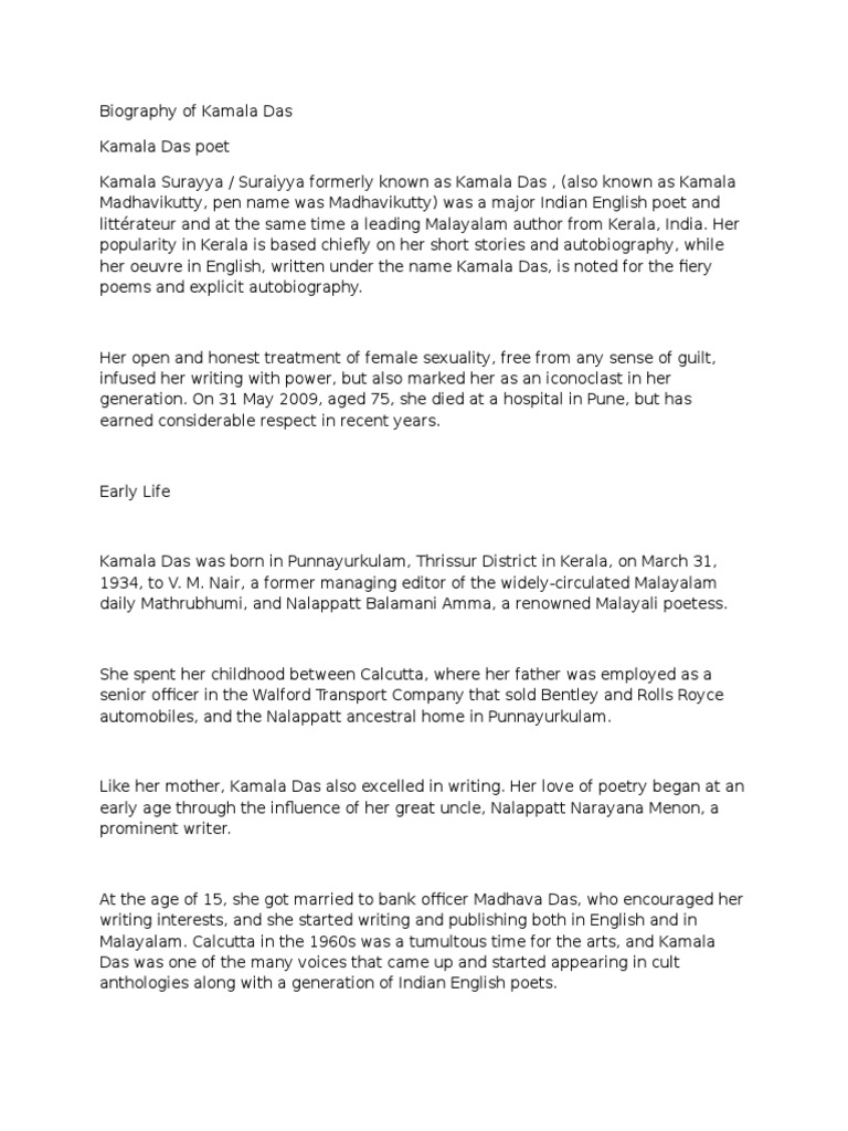 Kamala Das: Iconic Indian Poet and Author | PDF | Poetry