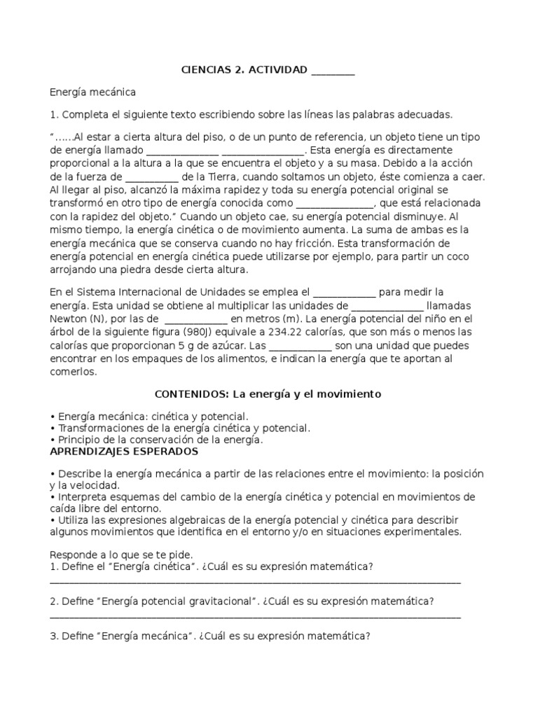 Energía Mecánica: Cinética y Potencial | PDF | Energía cinética ...