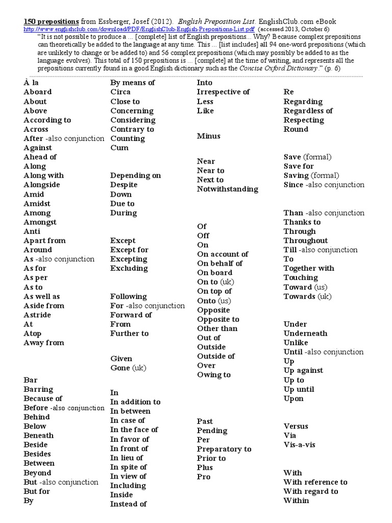 150 Essential English Prepositions List | PDF