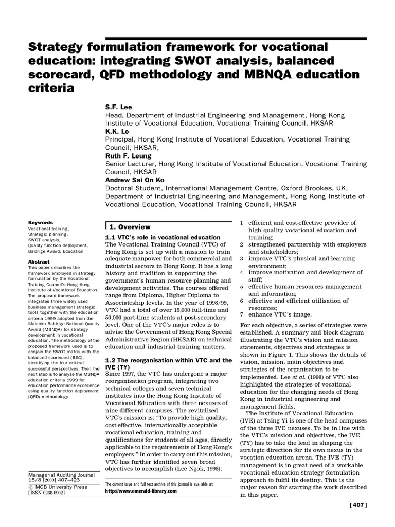 Strategy Formulation Framework For Vocational Education | PDF ...