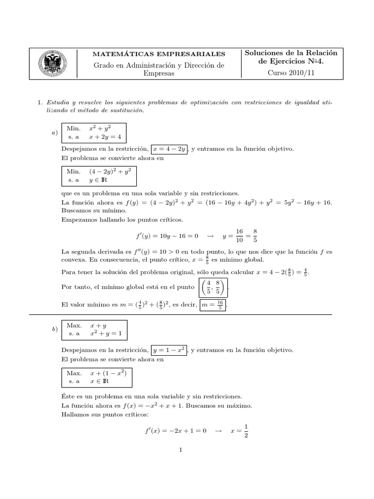 Ejercicios Resueltos Optimización Con Restricciones | PDF | Ecuación ...