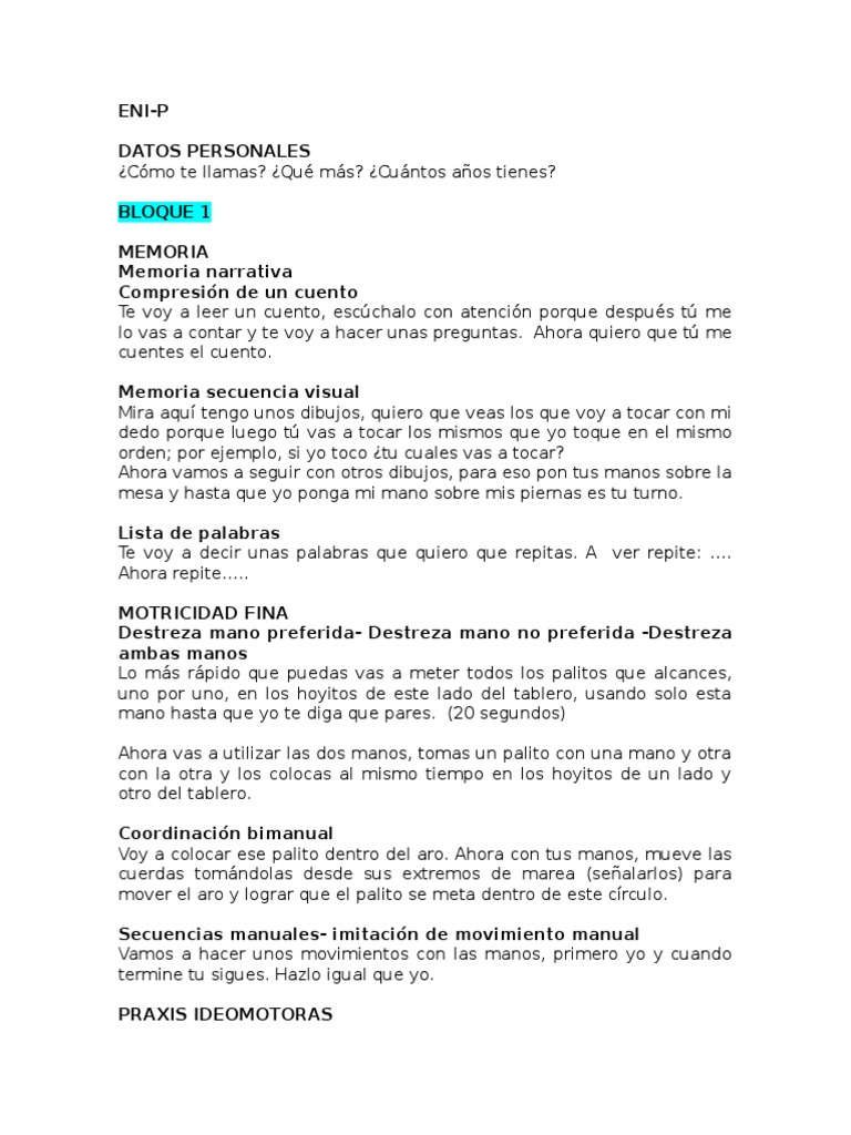 Prueba ENI-P: Evaluación Integral Infantil | PDF | Palabra | Imagen