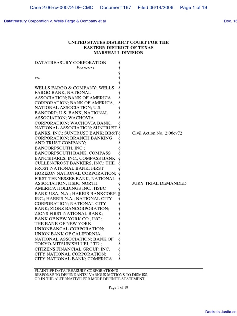 Datatreasury Corporation v. Wells Fargo & Company Et Al - Document No. 167 | PDF | Federal Rules ...