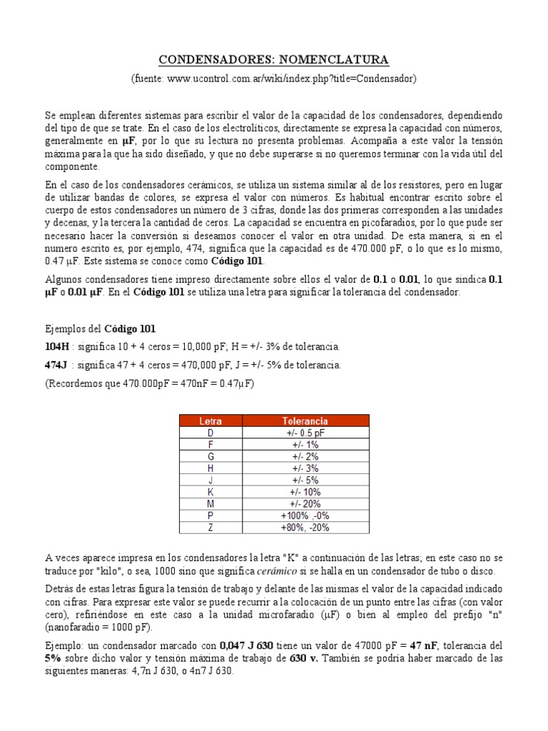 Condensadores Codigos | PDF | Condensador | Resistor