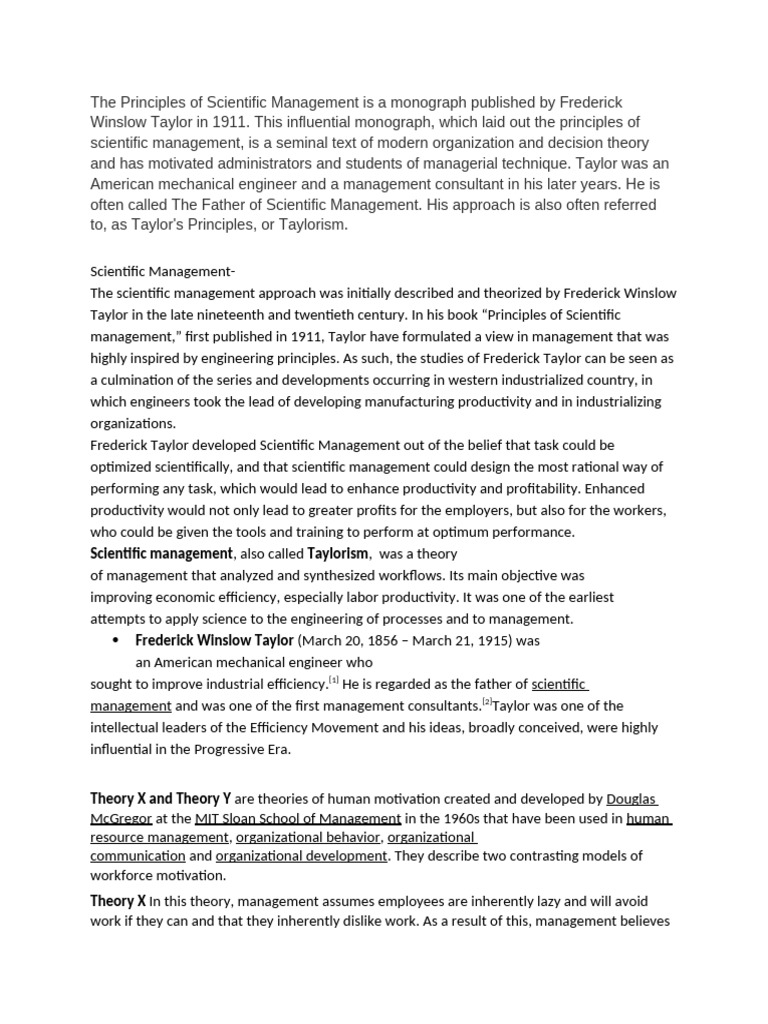 Scientific Management, Also Called Taylorism, Was A Theory: Human ...