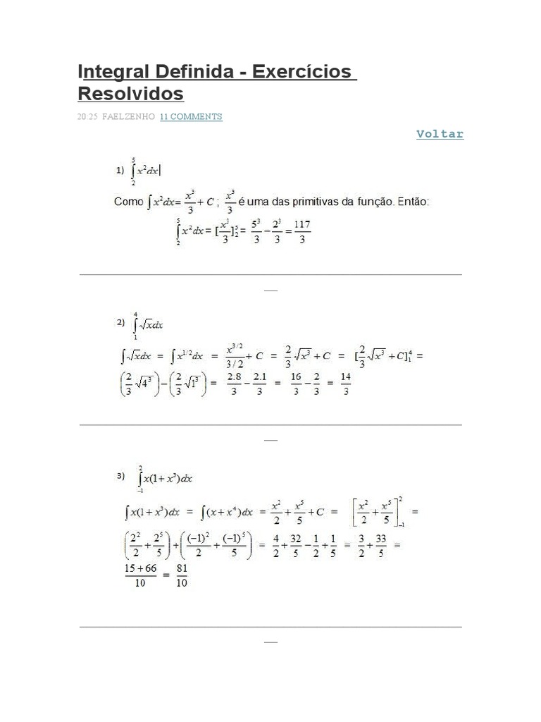 Exercícios Resolvidos de Integral Definida | PDF