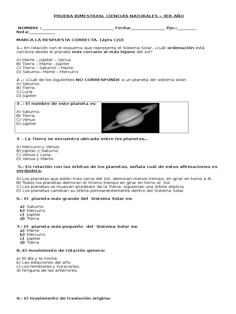 Prueba Sistema Solar | PDF