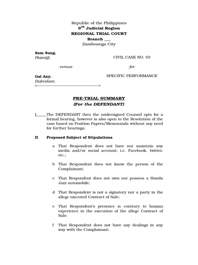 PRETRIAL Specific Performance | PDF | Lawsuit | Common Law