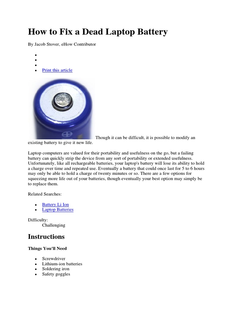 How To Repair A Dead Laptop Battery | PDF | Lithium Ion Battery ...