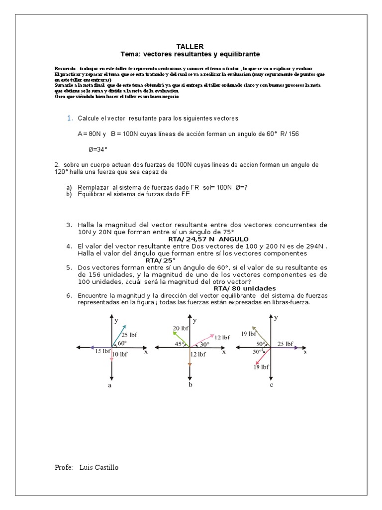 1 Taller de Fisica Vector Resultante y Vector Equilibrante | PDF | Vector Euclidiano | Enseñanza ...