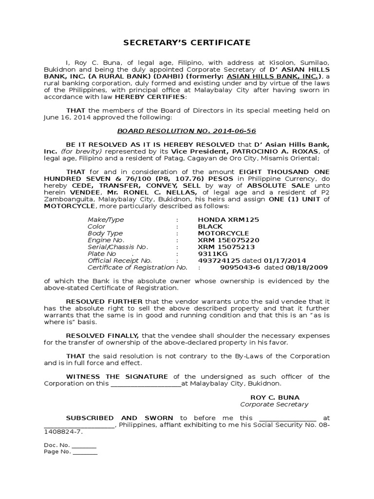 Board Resolution Sample | PDF | Civil Law (Common Law) | Private Law