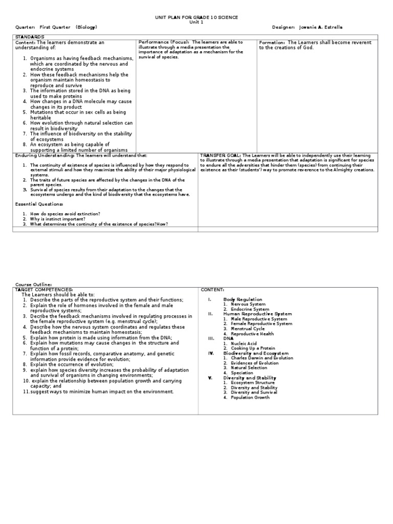 Grade 10 Science Unit Plan Overview | PDF | Evolution | Gases
