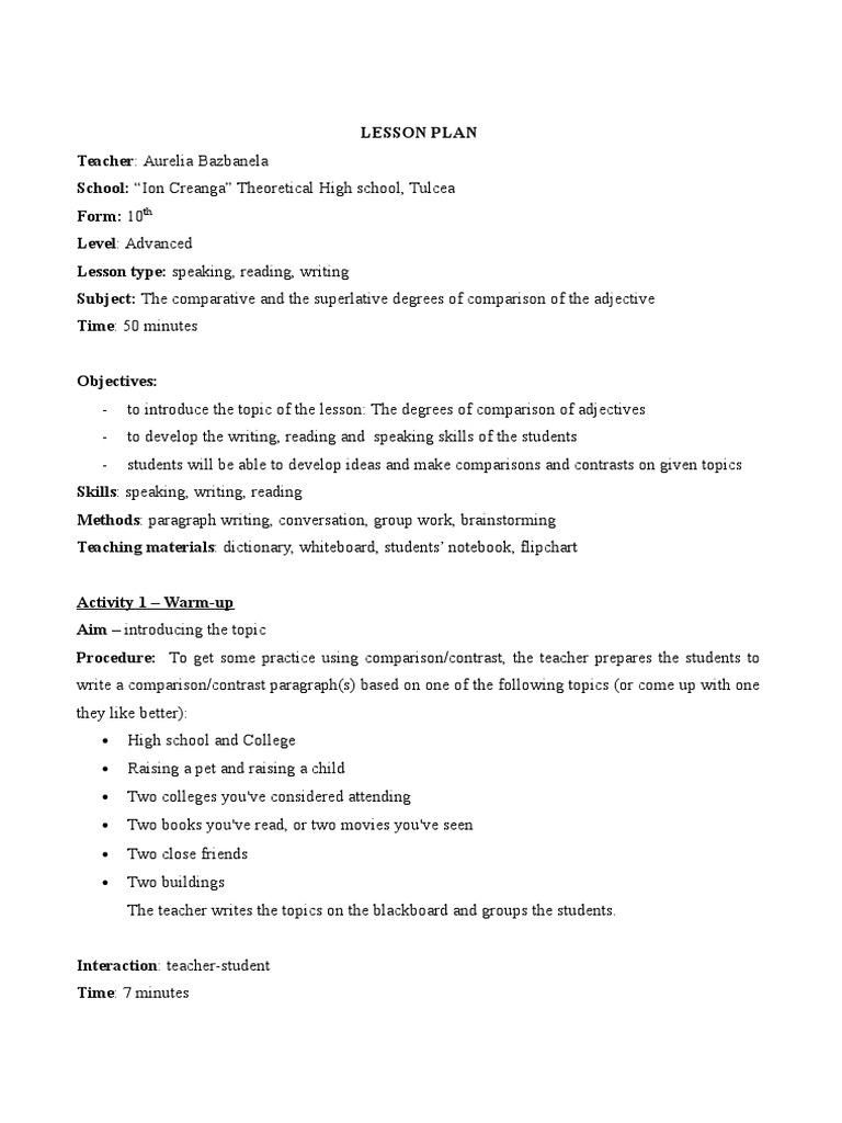 Comparing and Contrasting Through Paragraph Writing: A Lesson Plan on the Comparative and ...