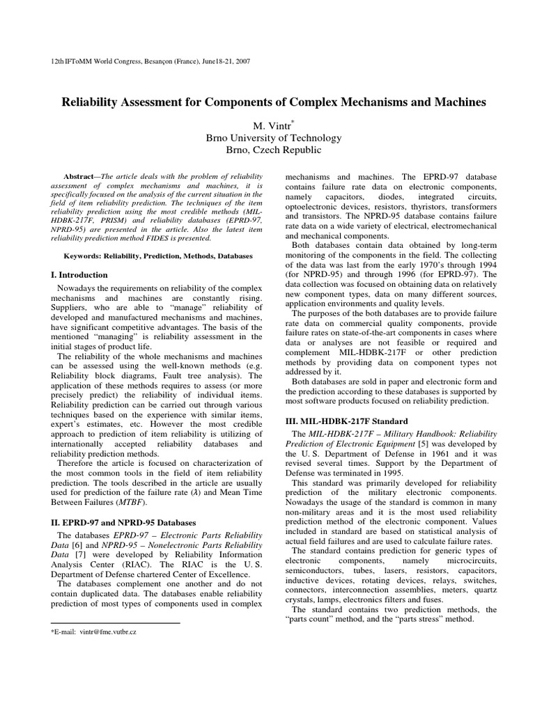 Reliability Assessment For Components of Complex Mechanisms and ...