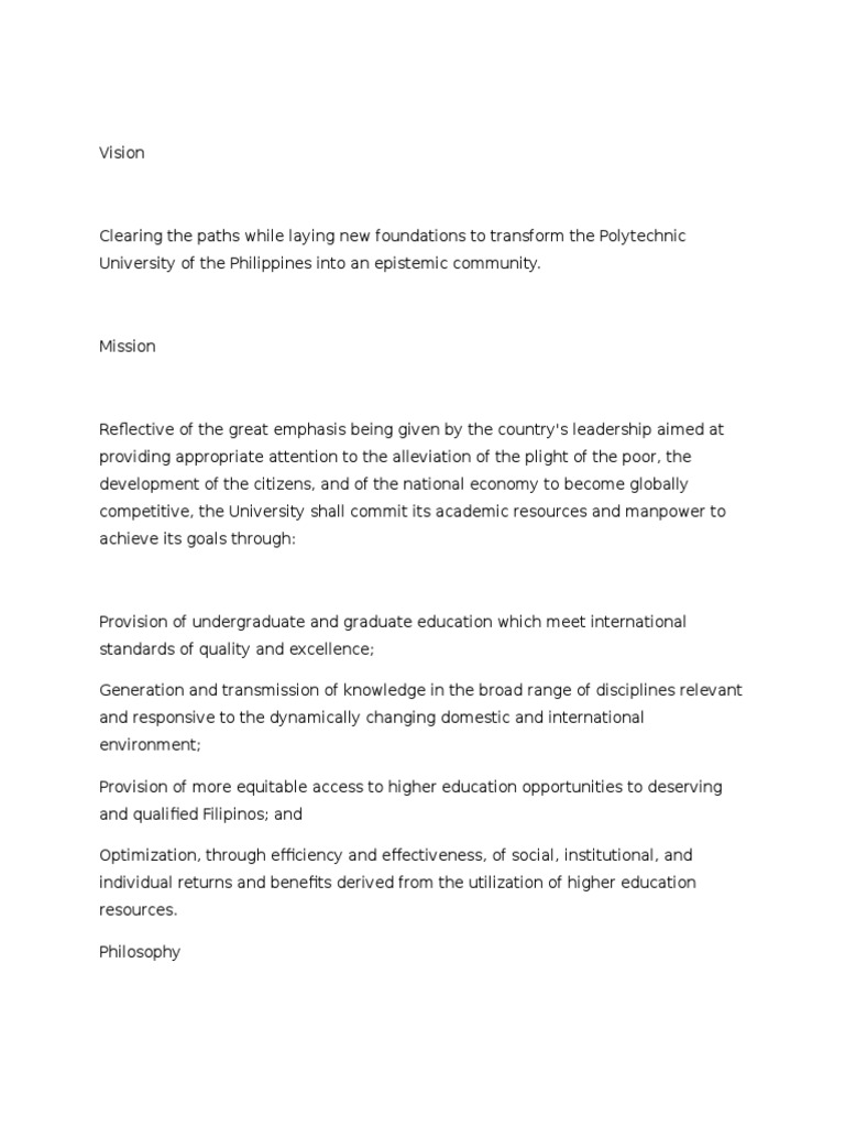 PUP Vision and Mission | PDF | Higher Education | Further Education