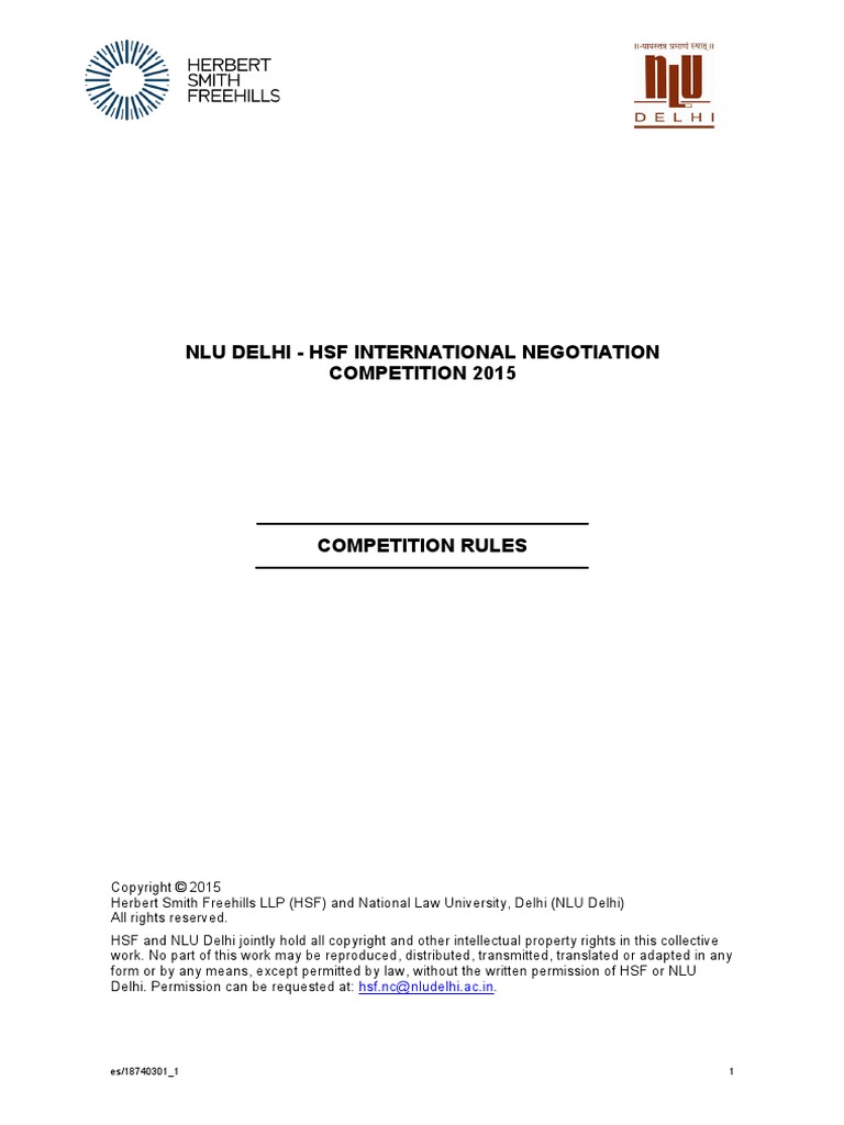 NLU-Delhi, HSF, Negotiation Competition 2015 Competition Rules | PDF | Negotiation | Confidentiality