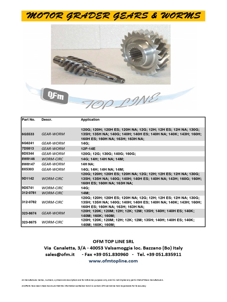 Motor Grader Gear & Worm Parts List | PDF | Manufactured Goods