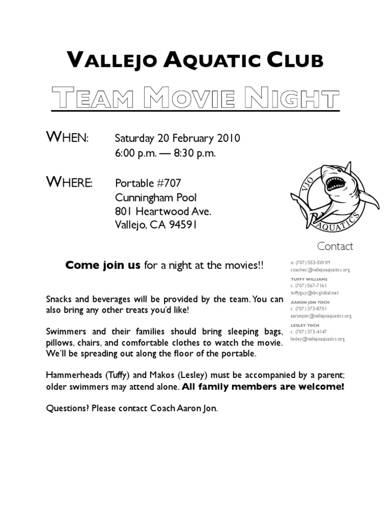Vallejo Aquatic Club Movie Night Event | PDF