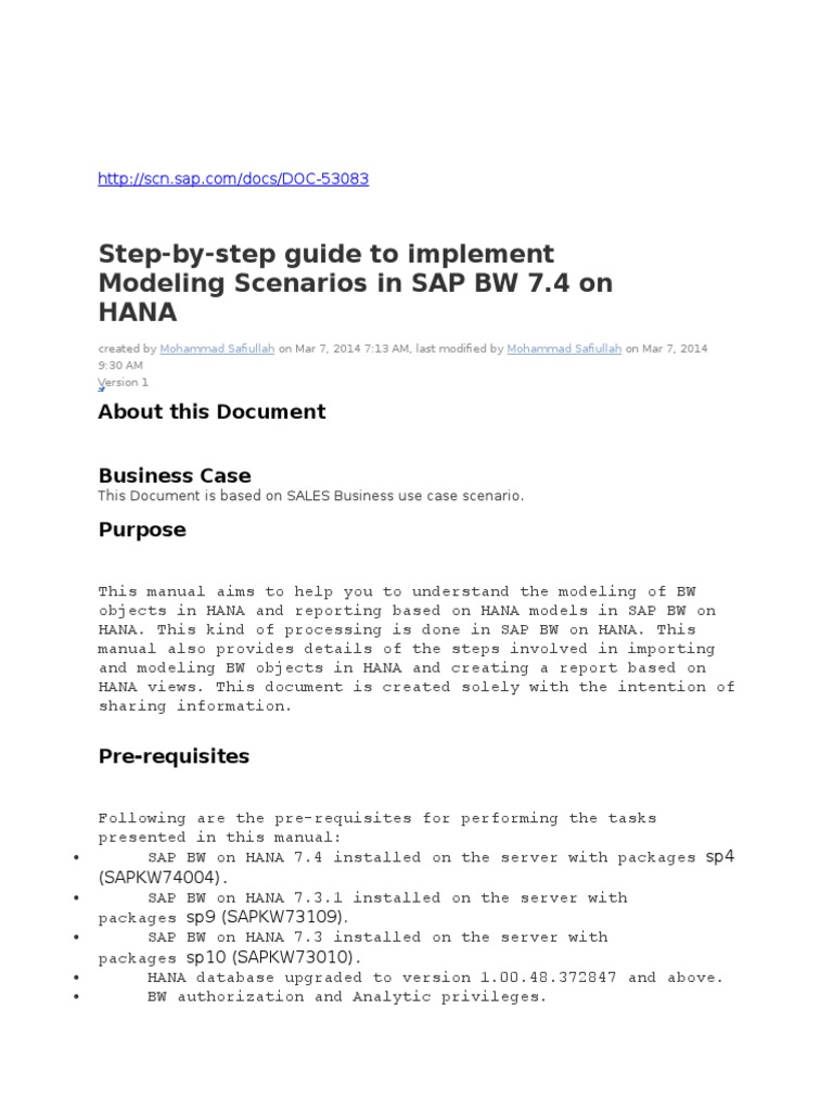 Step By Step Guide To Implement Modeling Scenarios In Sap Bw 7 4 On Hana Download Free Pdf