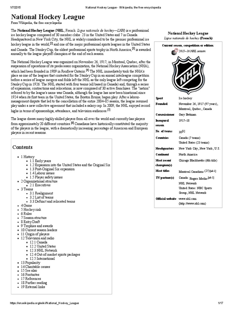 National Hockey League - Wikipedia, The Free Encyclopedia | PDF ...