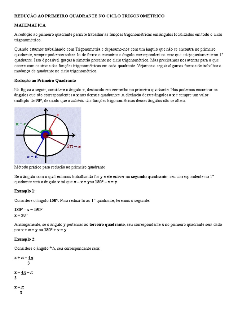 Redução Ao Primeiro Quadrante No Ciclo Trigonométrico | PDF ...