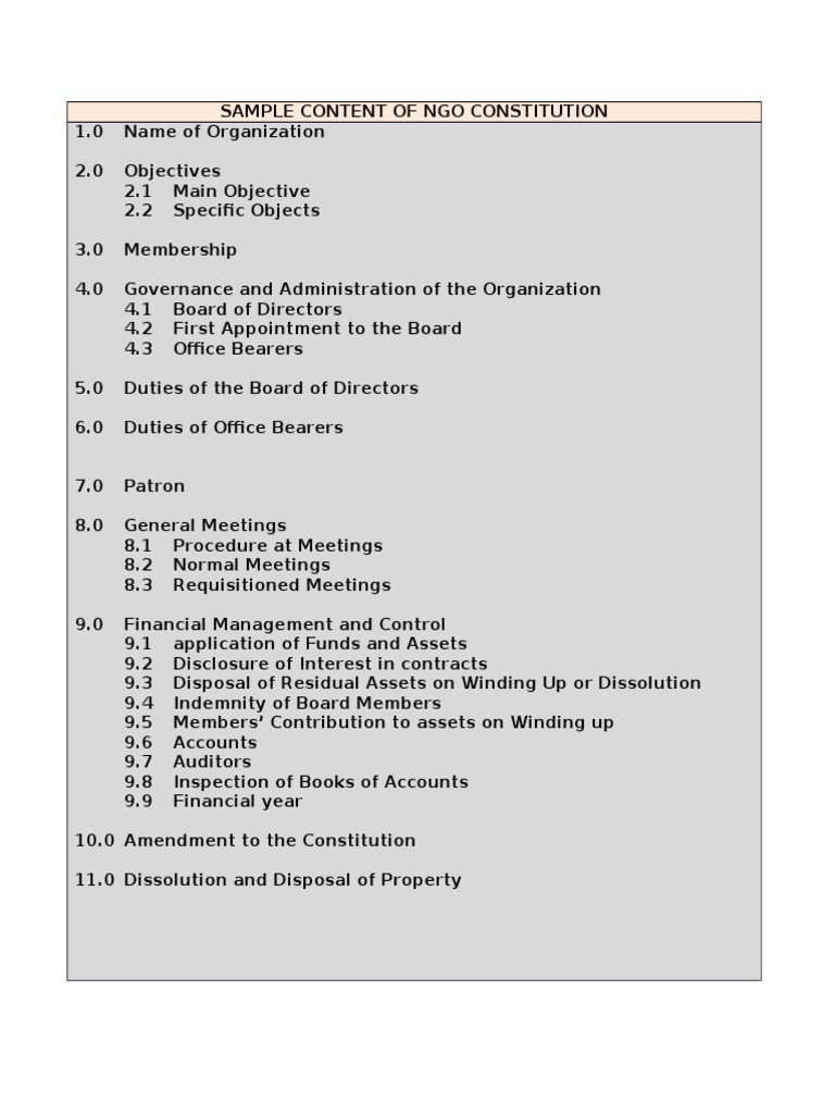 Sample Content of Ngo Constitution | PDF | Board Of Directors | Liquidation