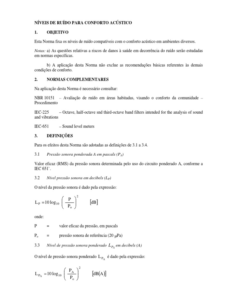 NBR 10152 - 2000 - Nivel de Ruido para Conforto Acústico PDF | PDF