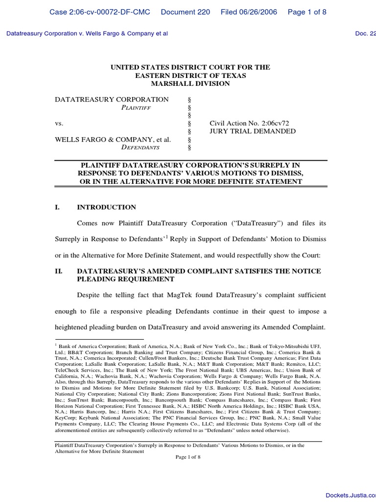 Datatreasury Corporation v. Wells Fargo & Company Et Al - Document No. 220 | PDF | Pleading ...