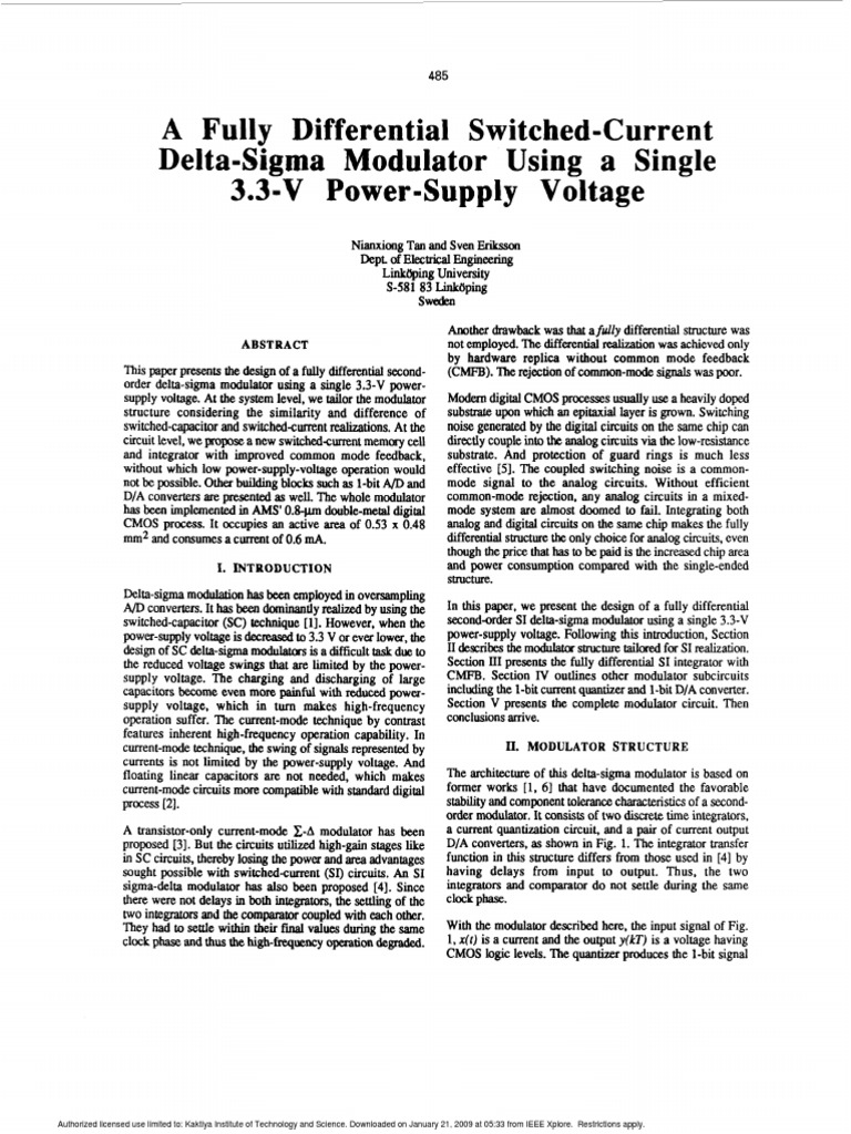 A Fully Differential Switched-Current Delta-Sigma Modulator Using ...